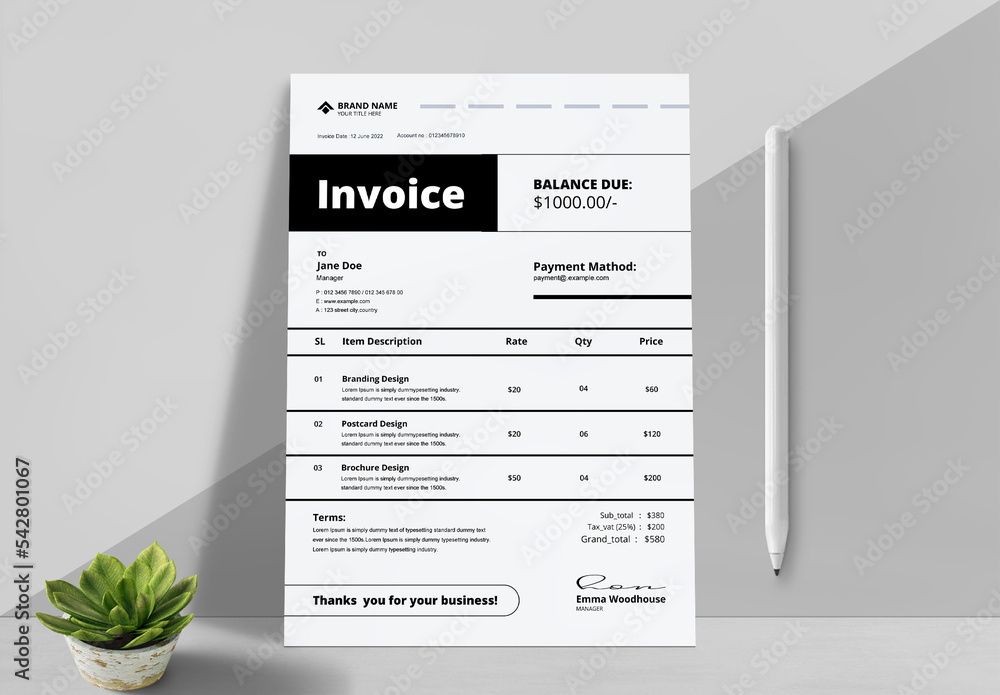 Black and White Invoice Layout Stock Template | Adobe Stock