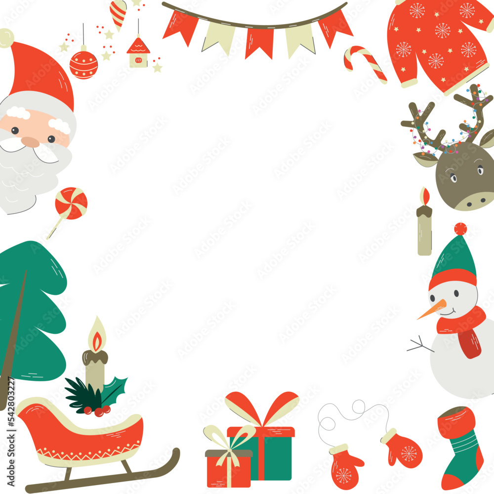Christmas greeting card frame with traditional symbols - Snowman, Santa ...