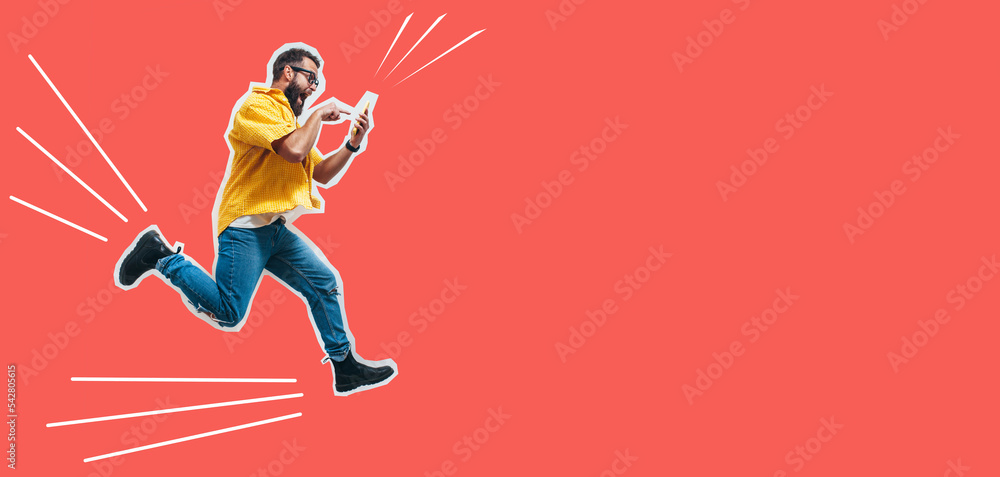 Jumping, running man with a smartphone in hands enjoy online ...