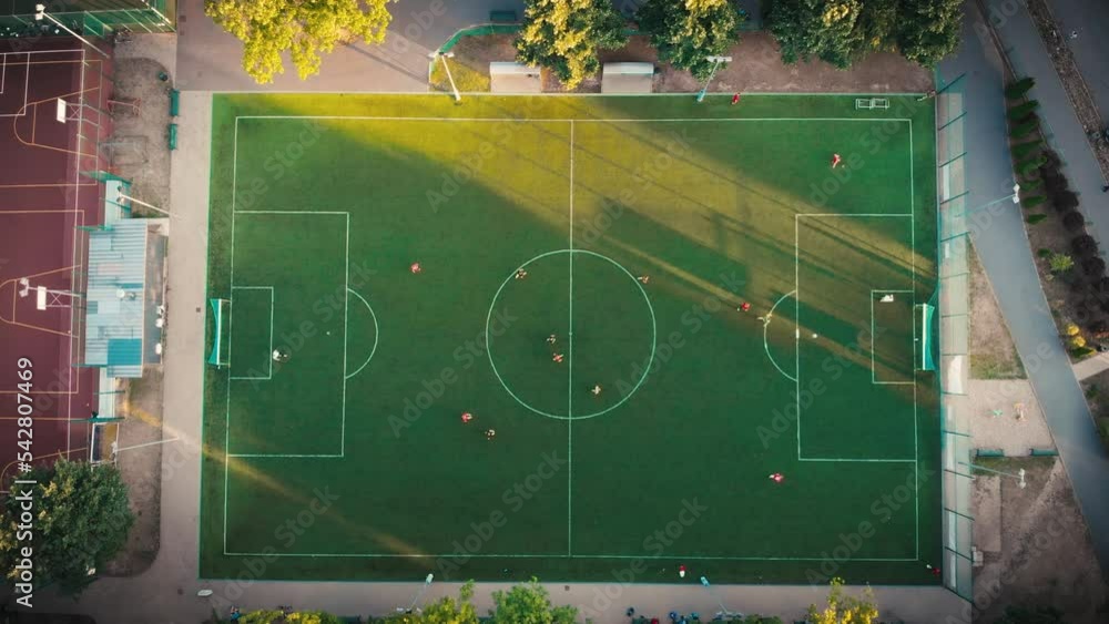 Aerial top View Of Soccer Players On The Green Football Field Stock ...