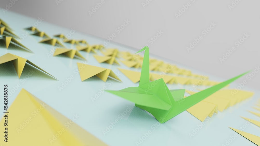Origami of lime green crane and many soft yellow airplanes on green ...
