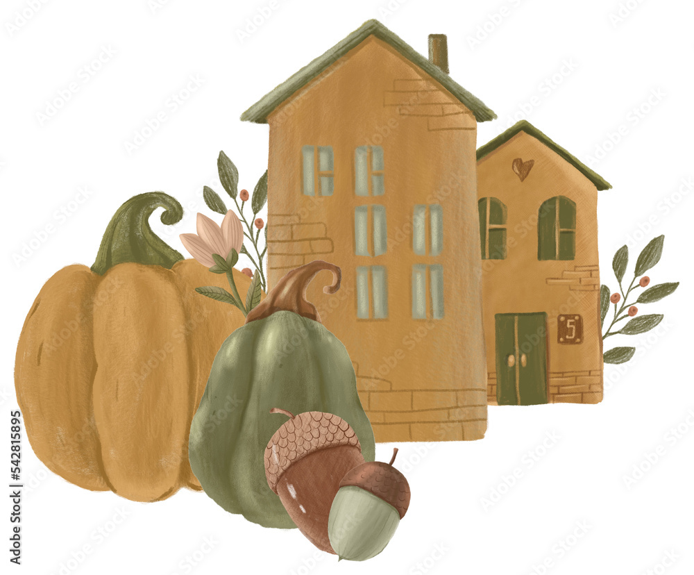 Pencil hand drawing cute cozy fall house illustration. Children cartoon ...