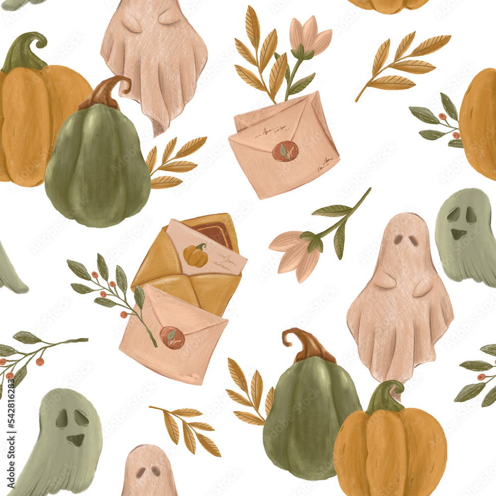 Pencil drawing Halloween fall pumpkin and ghost seamless pattern ...