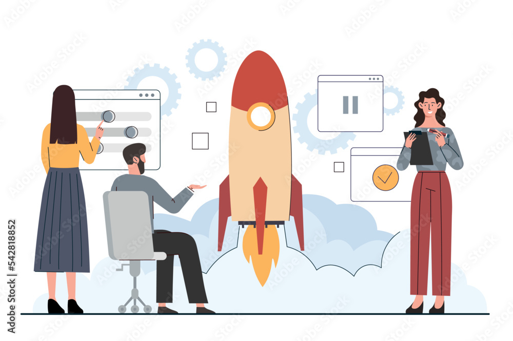 Business project concept. Man and women launch rocket. Metaphor for ...