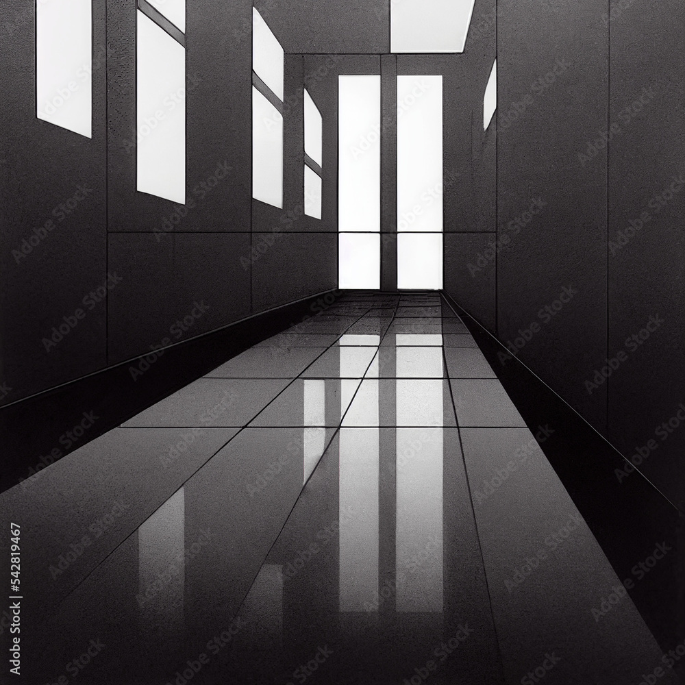 Interior Corridor Hallway of Empty Building. Reflections of windows ...