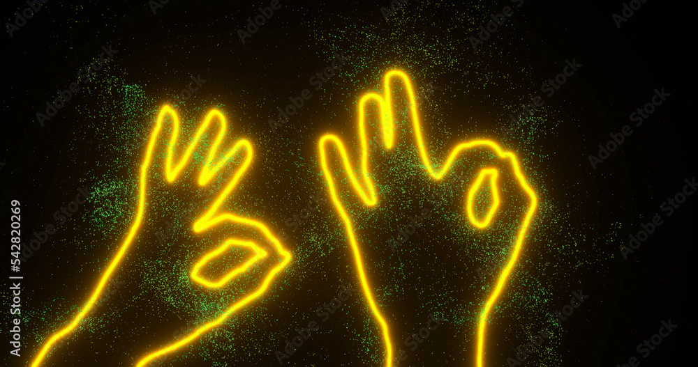 Yellow contours of two hands show the OK sign. Vfx 3d render ...