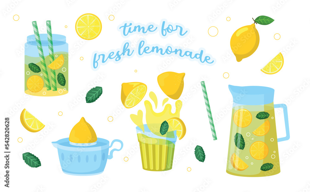 Lemonade making set. Collection of stages of production of lemonade ...