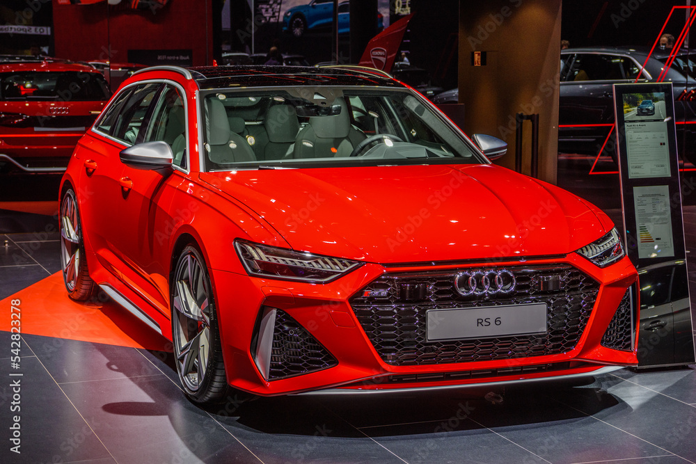 FRANKFURT, GERMANY - SEPT 2019: red AUDI RS6 AVANT C8 estate wagon ...