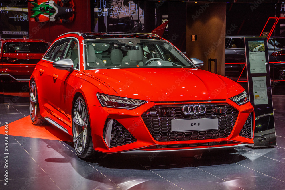 FRANKFURT, GERMANY - SEPT 2019: red AUDI RS6 AVANT C8 estate wagon ...