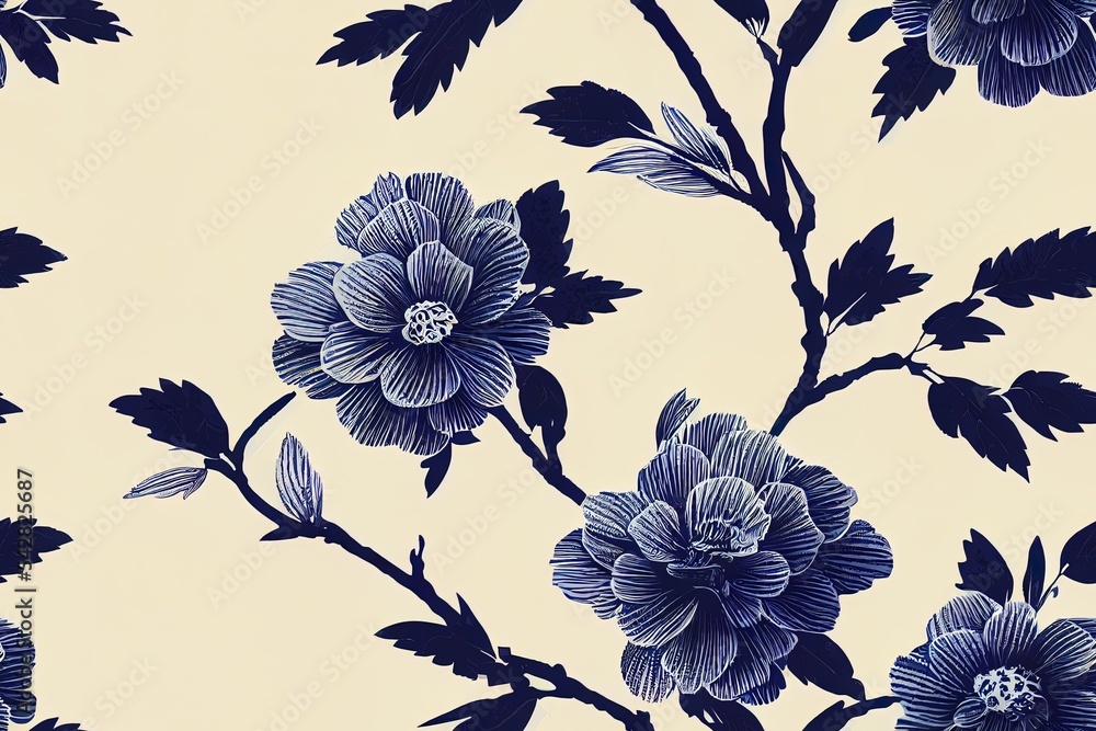 Vintage Chinese pagoda trees floral seamless pattern white background ...