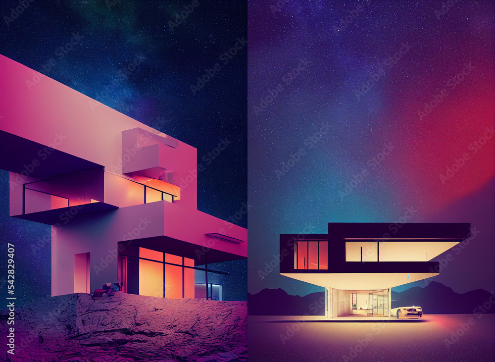 Cyberpunk futuristic neon light house on the beach, modern art, sci-fi ...