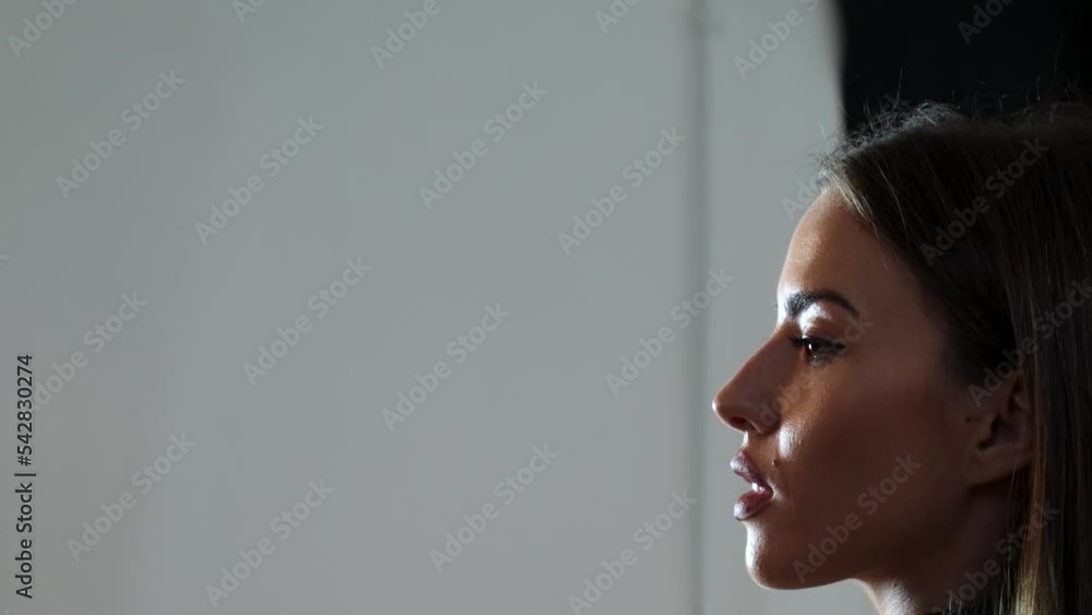 photo shooting backstage. profile of brunette model while posing for a ...
