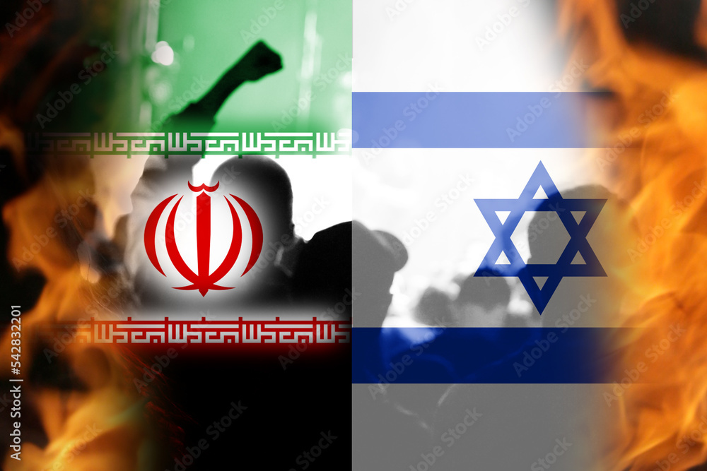 Defocus Israel Iran national flags. Protests man. News, reportage ...