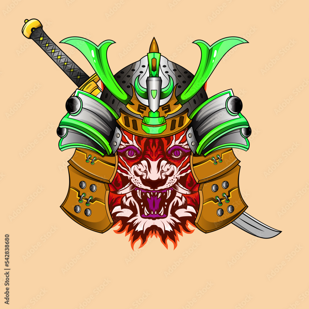 Japanase samurai tiger knight head artwork illustration and t shirt ...