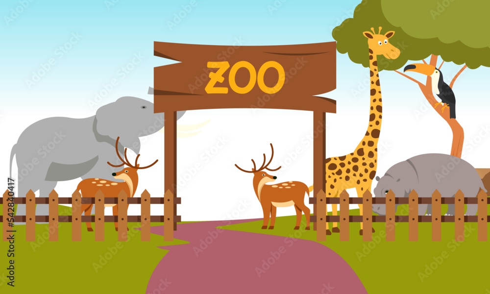 Zoo cartoon illustration with safari animals on forest background Stock ...