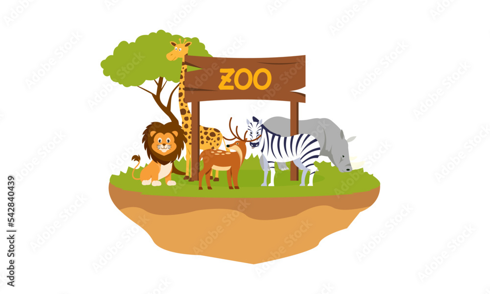 Zoo cartoon illustration with safari animals on forest background Stock ...