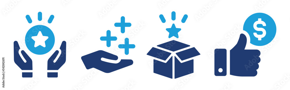 Benefit icon set. Revenue, surprise box, reward and special offer icons ...