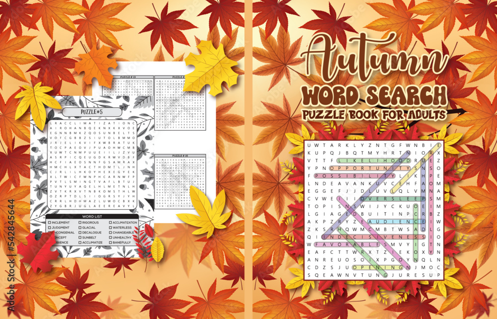 autumn word search puzzle book cover for adults Stock Vector | Adobe Stock