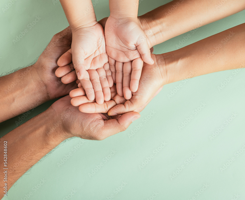 Top view parents and little kid holding empty hands together studio ...