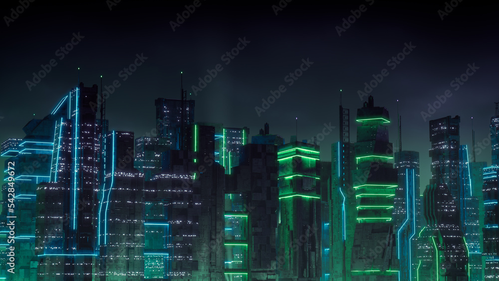 Futuristic Cityscape with Green and Blue Neon lights. Night scene with ...