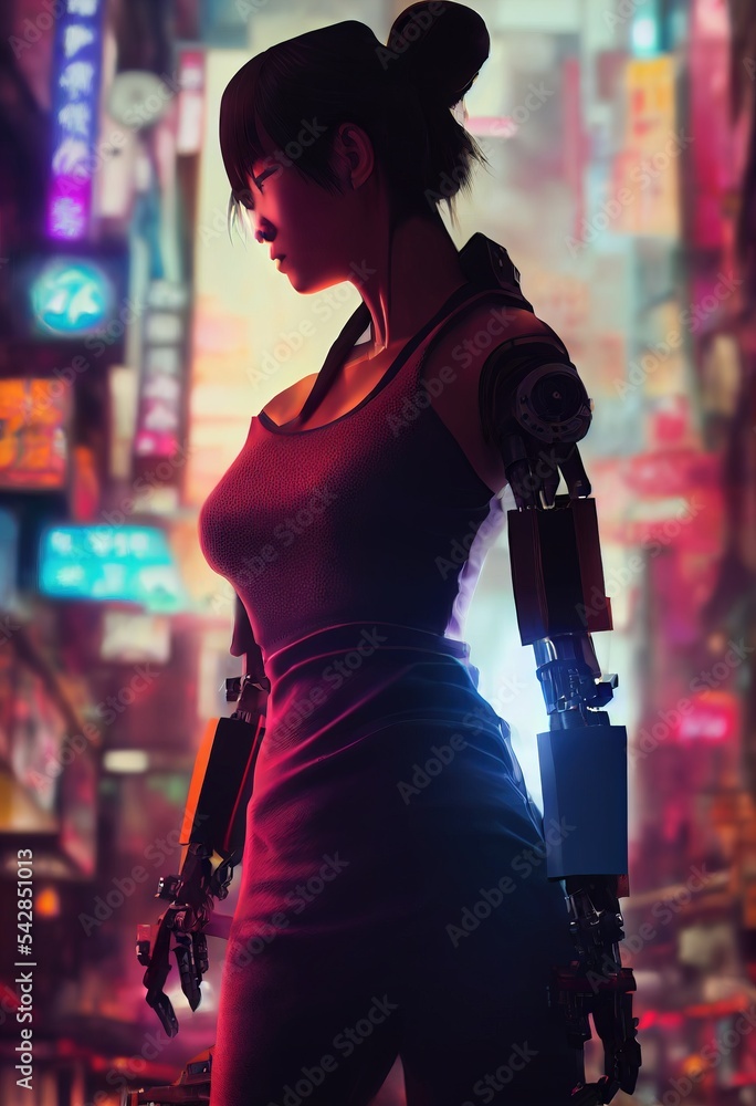 Beautiful illustration of female android with mechanical arms in neon ...