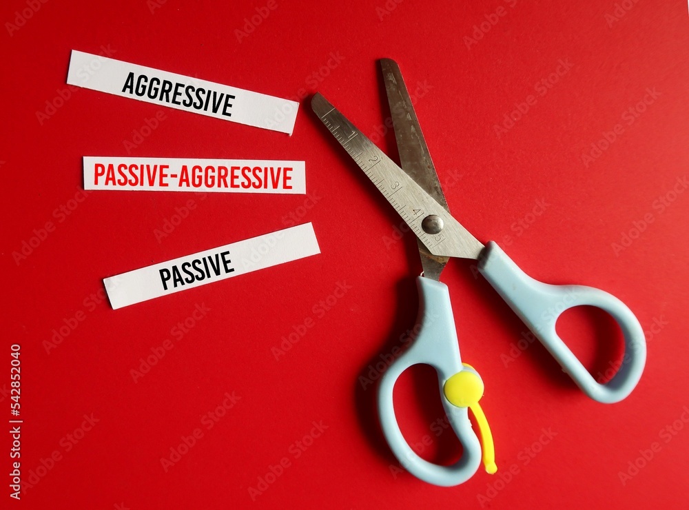 On red background, scissors and cut paper with text AGGRESSIVE, PASSIVE ...