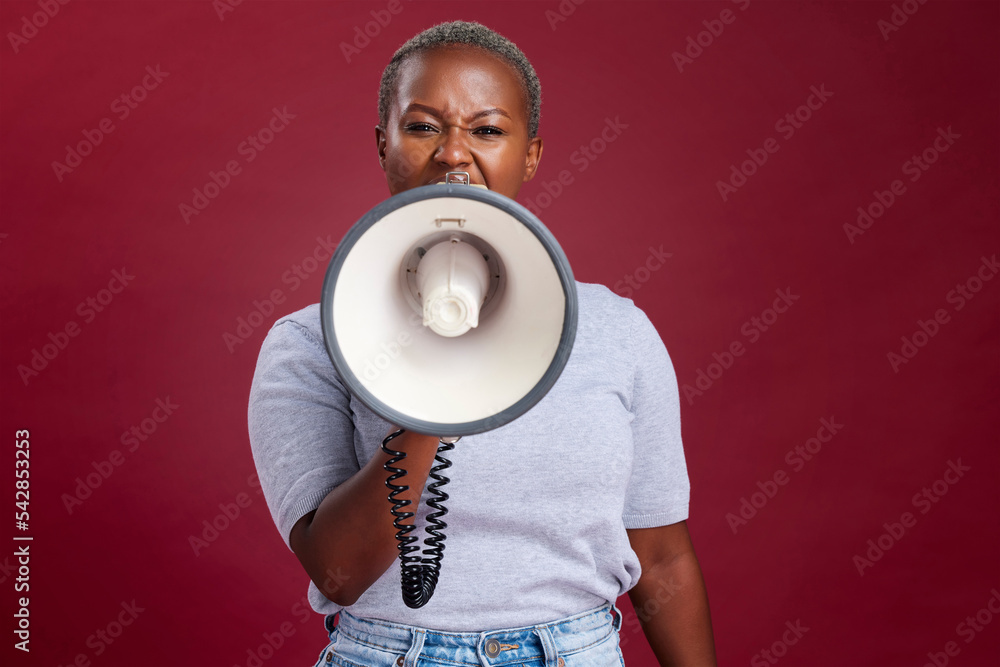 Megaphone, noise and woman in studio for vote, voice and message of ...
