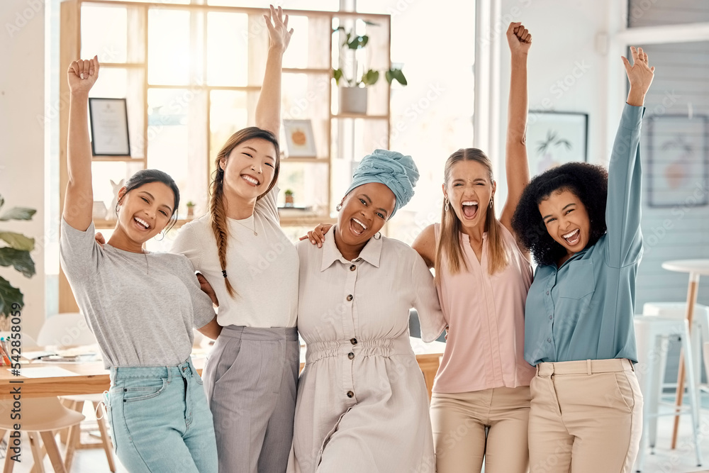 Empowerment, success and portrait of group of women celebrating ...
