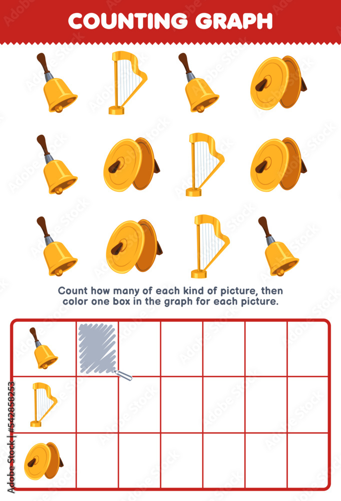Education game for children count how many cute cartoon bell harp ...