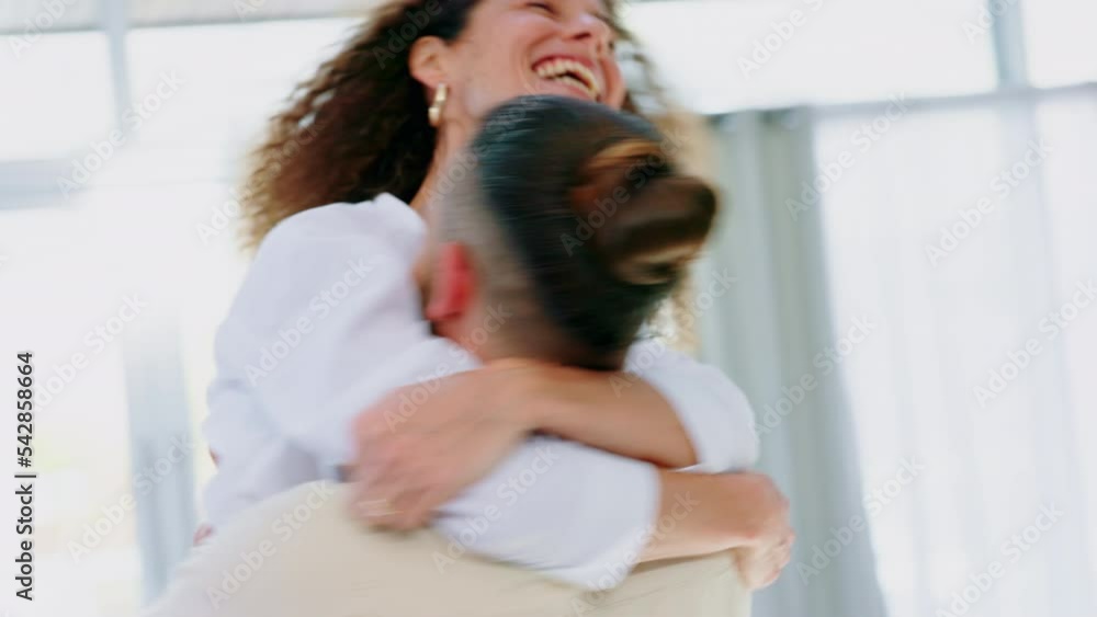 Love, hug and excited couple in home, happy and embrace celebrating ...