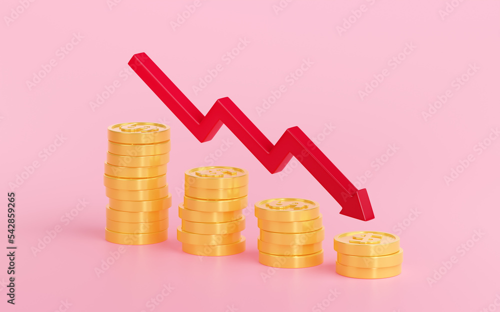 3d render arrow chart going down the golden coins stacks. Concept of ... 3d render arrow chart going down the golden coins stacks. Concept of ...