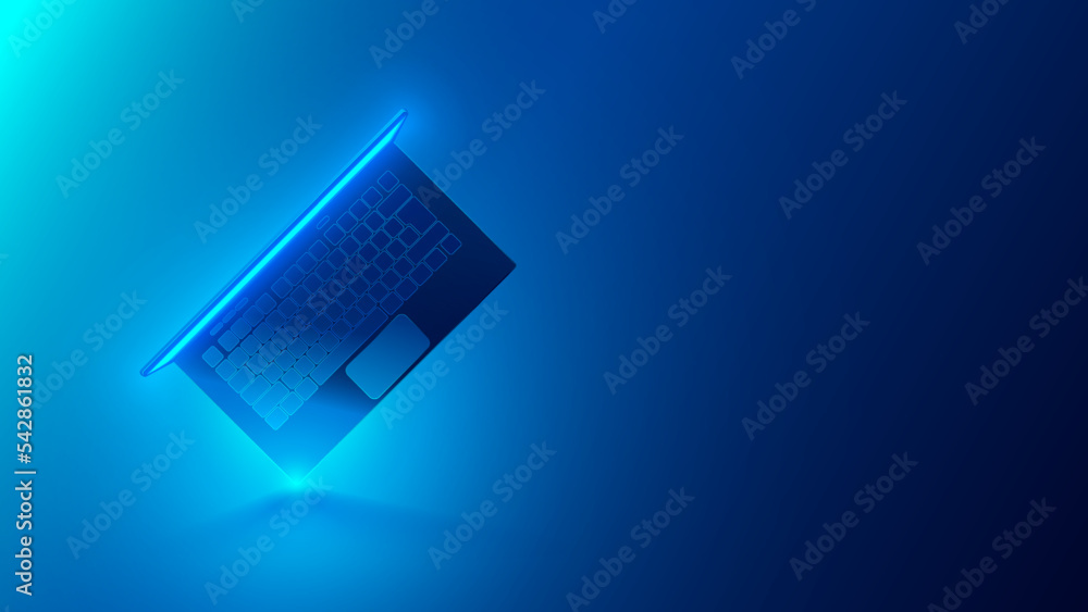 Rotated laptop balances on corner. Keyboard view on laptop on blue ...