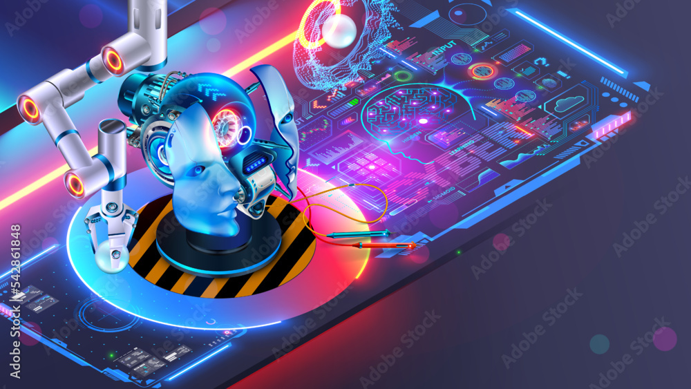 Robot head on table connected at computer in future science laboratory ...