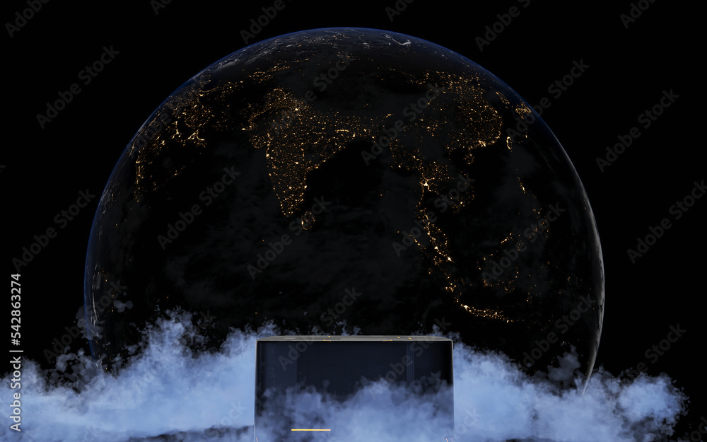 podium floating with smoke. Realistic sunrise over earth from space. Pedestal mockup space for ...