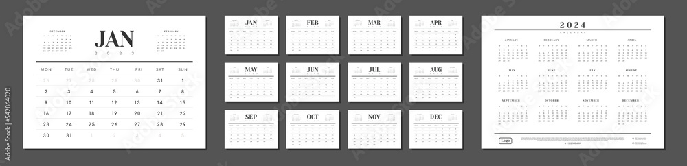 Calendar Layout design for 2023-2024 in minimal business style. Vector ...