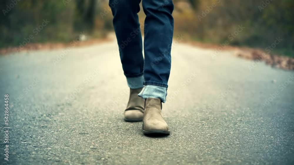 Confidence Man Feet Walking On Road At Sunrise. Lonely Walker Guy Rest ...