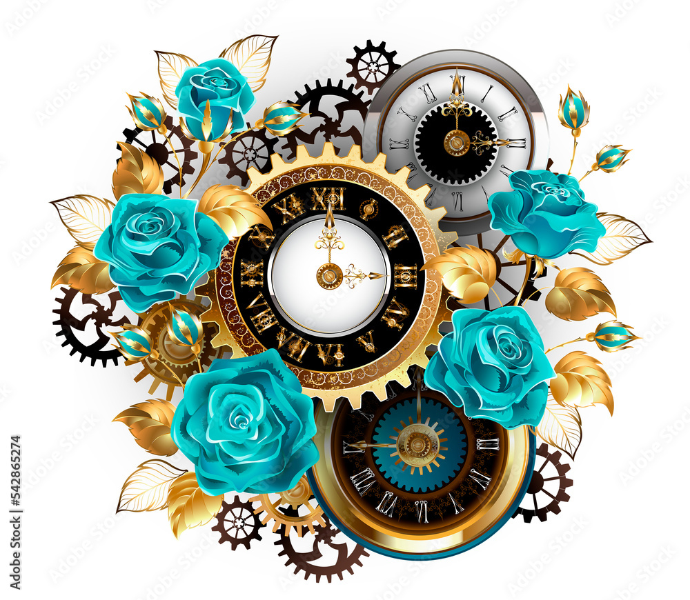 steampunk clock gears blue roses with shadow Stock Illustration | Adobe ...