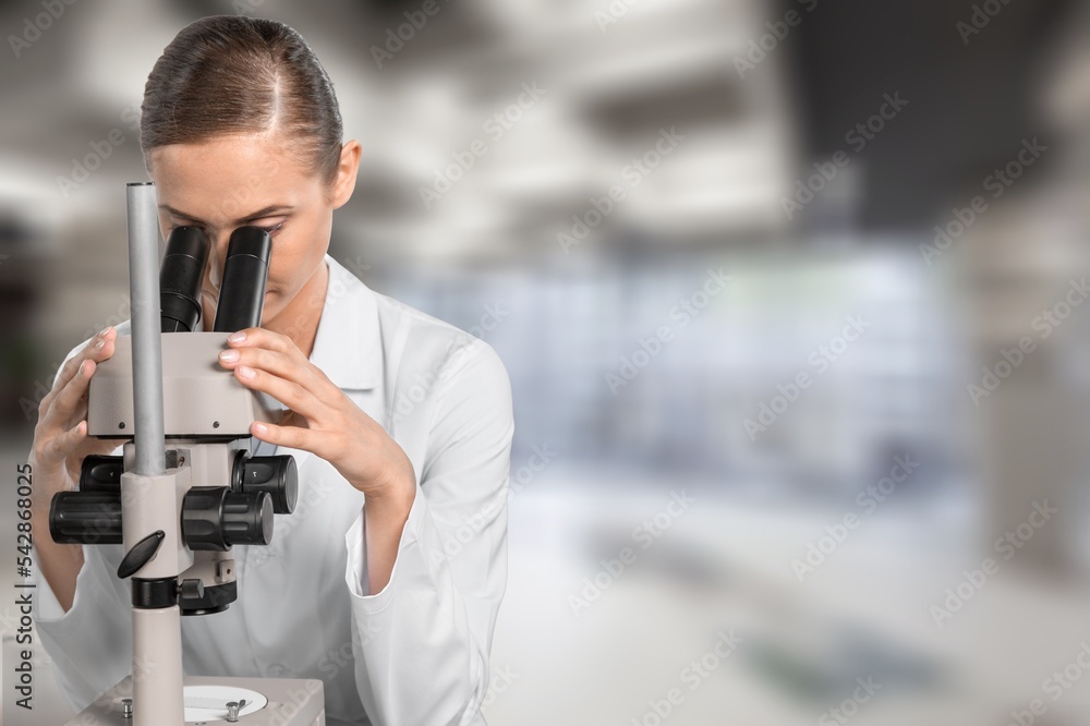 Scientist person works on microscope in modern laboratory Stock Photo ...
