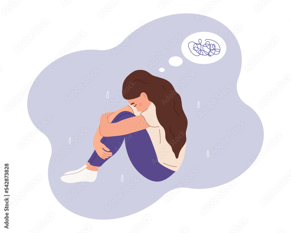 The concept of depression in young woman, teenager. Sad girl is sitting ...