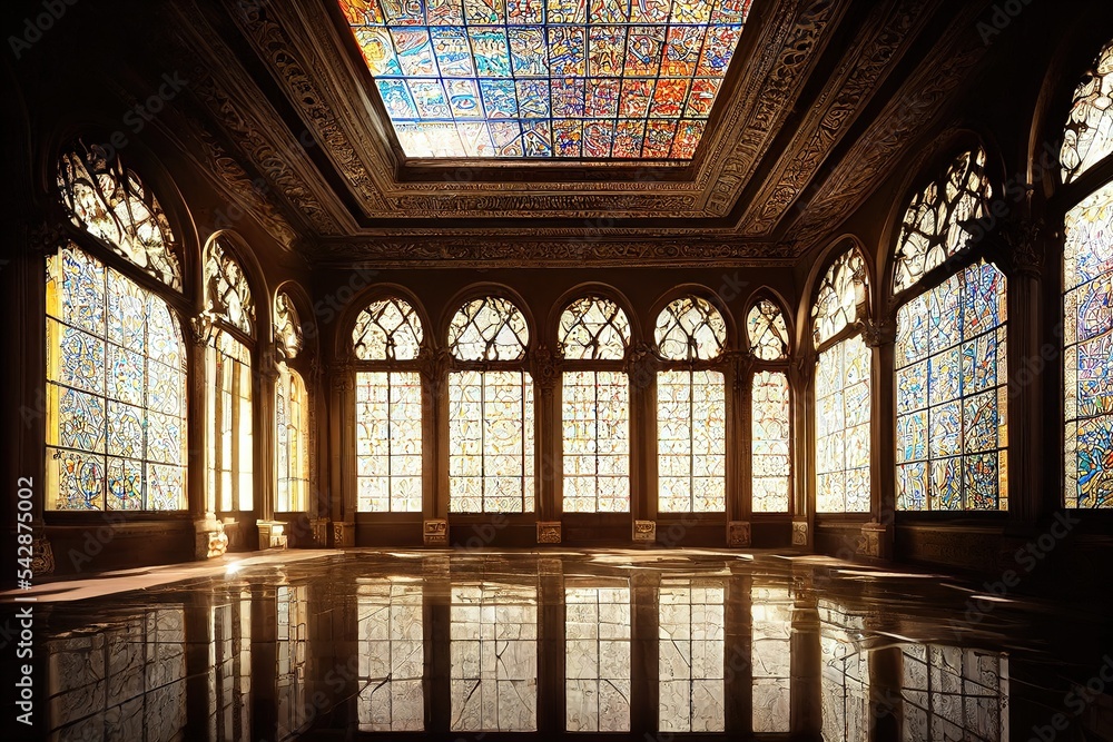 Hall with arched multi-colored glass windows, the sun's rays through ...