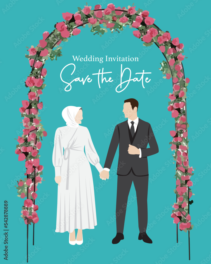Wedding Invitations Card With Muslim Cute Couple Bride And Groom