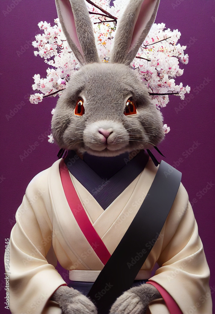 Samurai Rabbit. Cute rabbit in a Japanese garden illustration ...