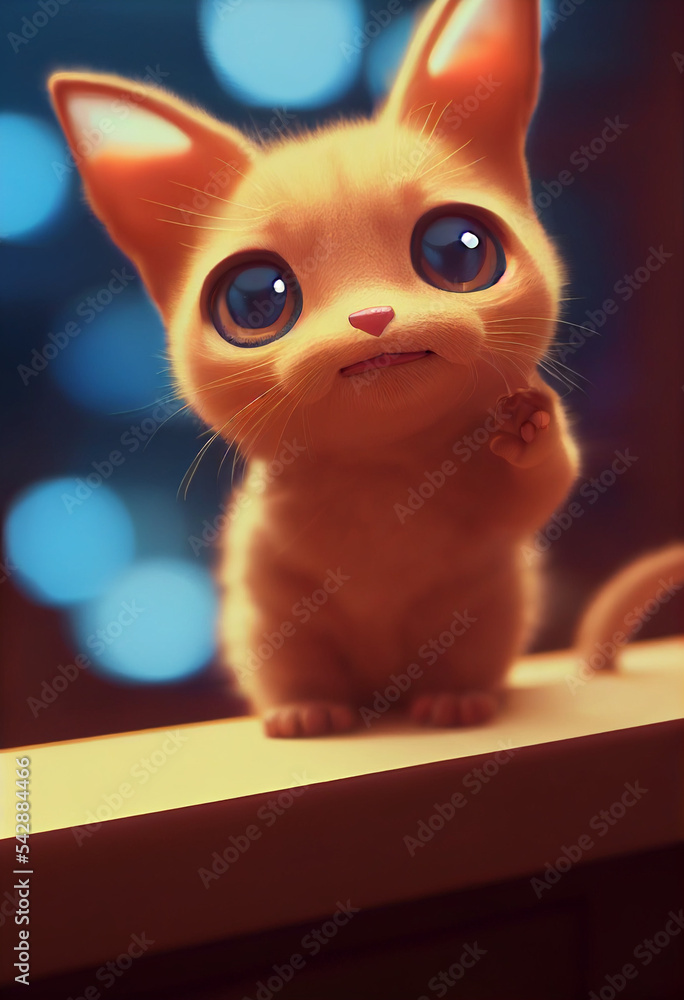 Tiny cute adorable baby orange cat with shining eyes. Cat in anime ...
