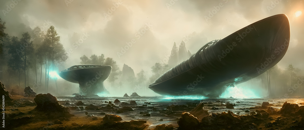 Artistic concept illustration of a crashed caucer, ufo, unknown object ...
