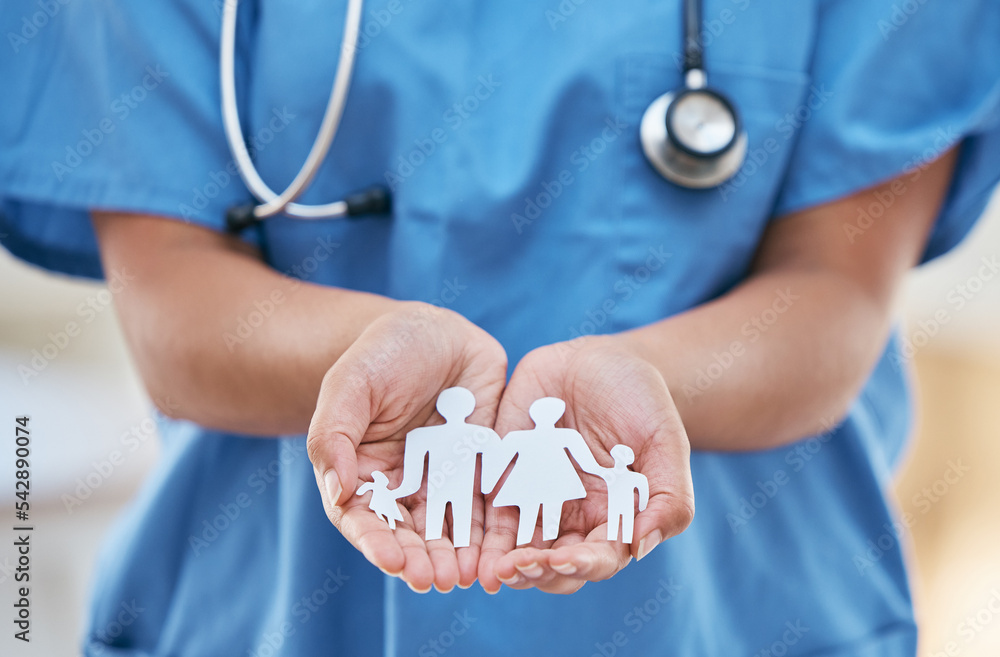Doctor hands, cutout paper family and medical healthcare for hospital ...