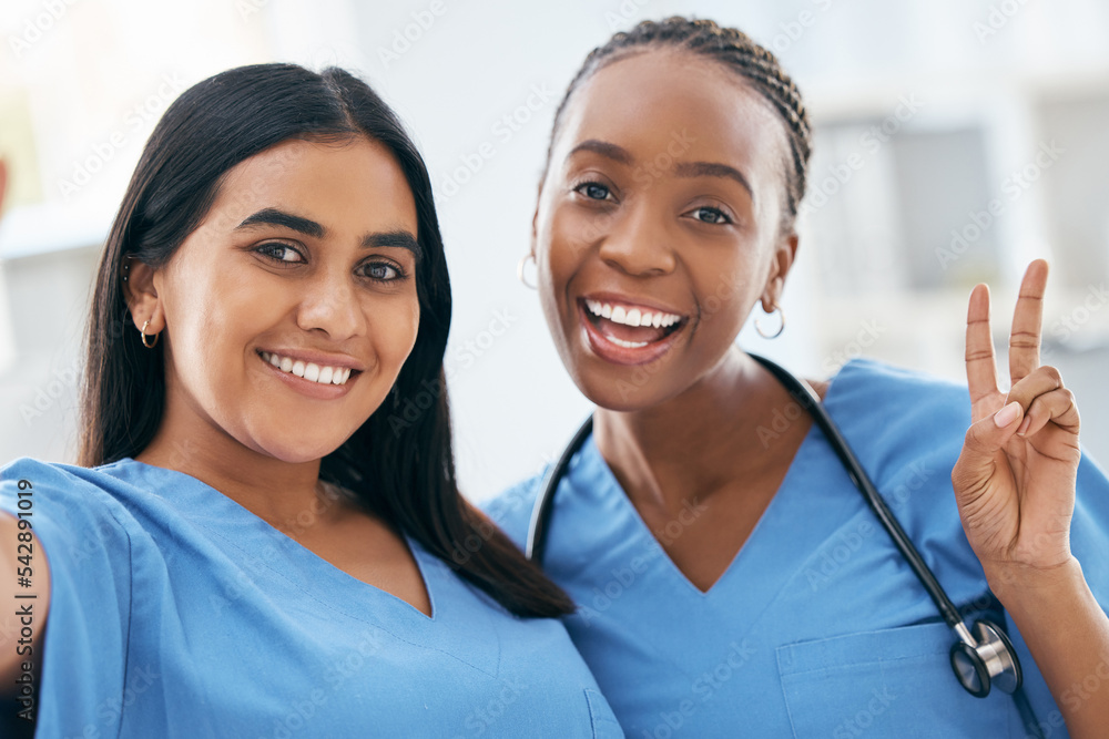 Nurses, medical students and women taking selfie for social media ...