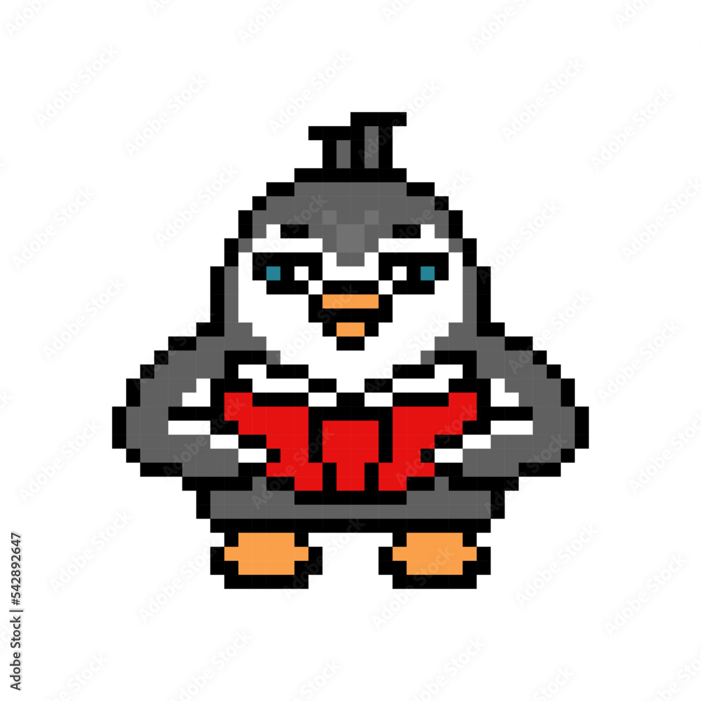 Penguin reading a book, pixel art animal character isolated on white ...