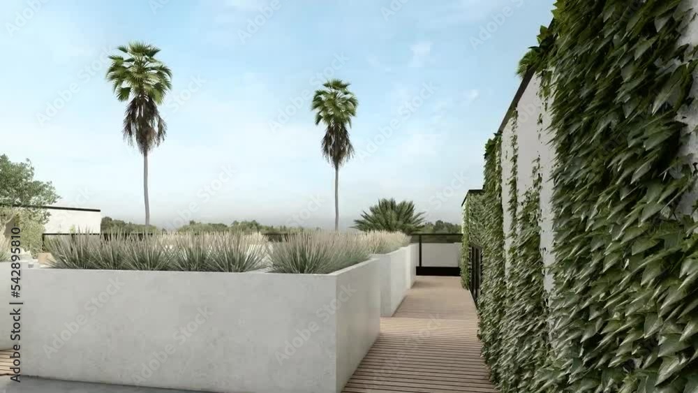 Rooftop lounge with sofas and pillows 3d visualization. Rooftop lounge ...