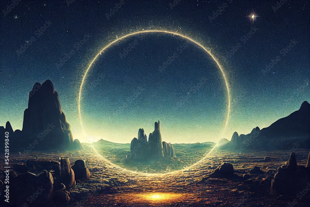 Mystical time portal with magic light effect and bright sphere lens optical illusion. Glowing ...