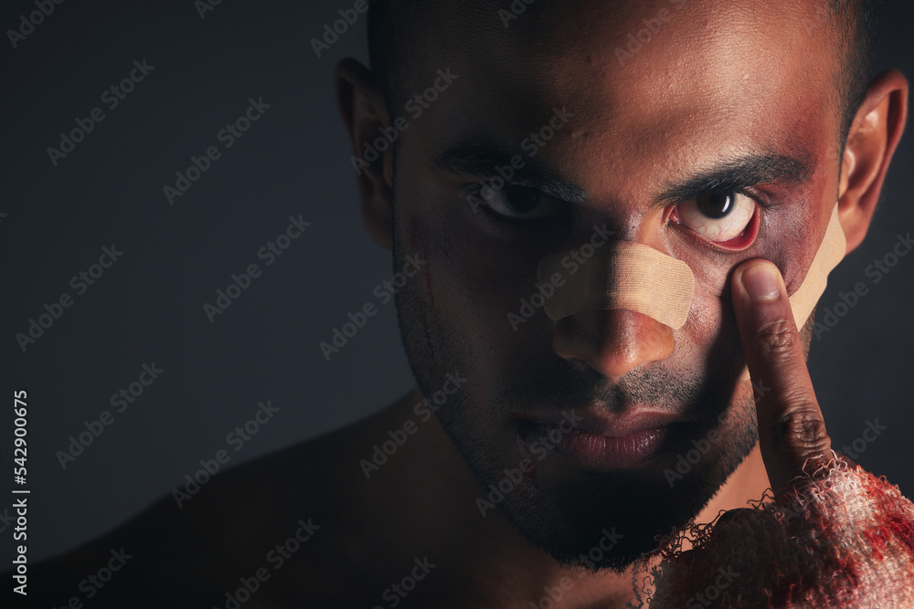 Boxer, injured and black man fighter face with a serious sport injury ...